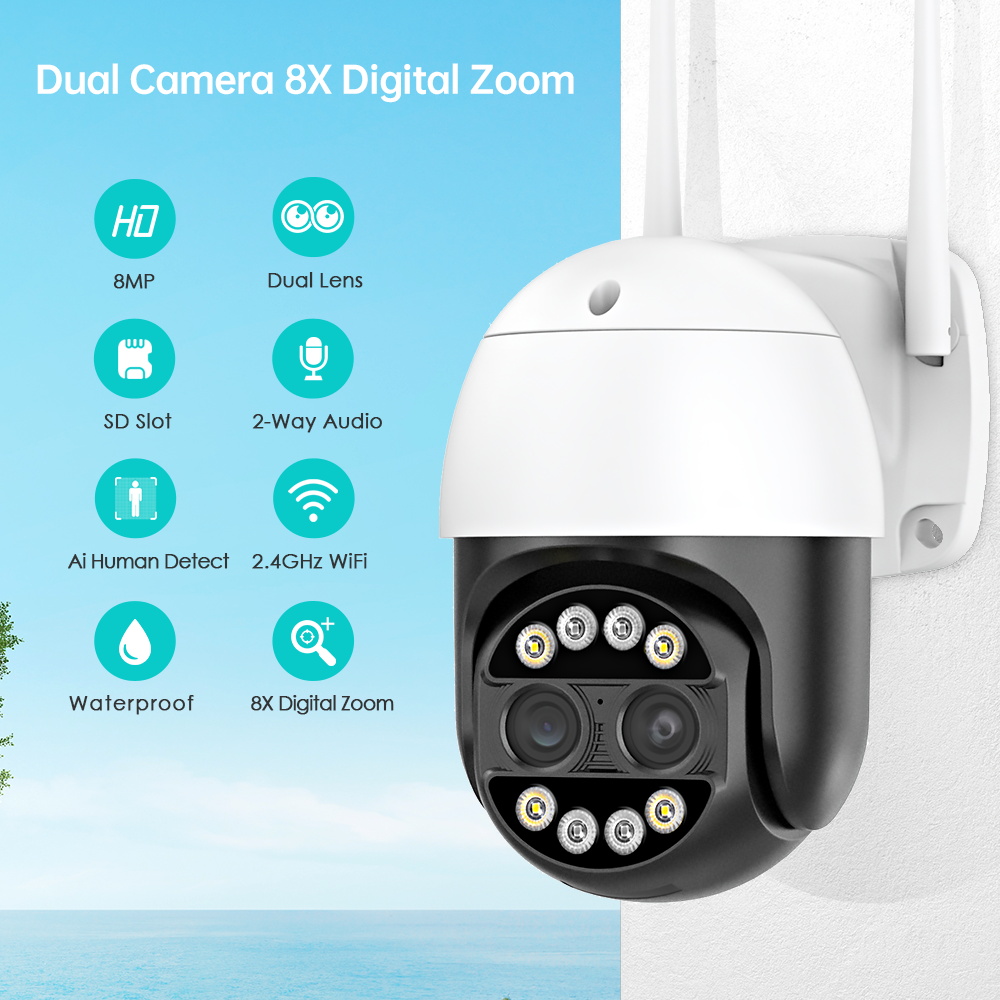 4MP+4MP Dual Lens Wireless PTZ Camera Smart Home Colorful Night Vision ...